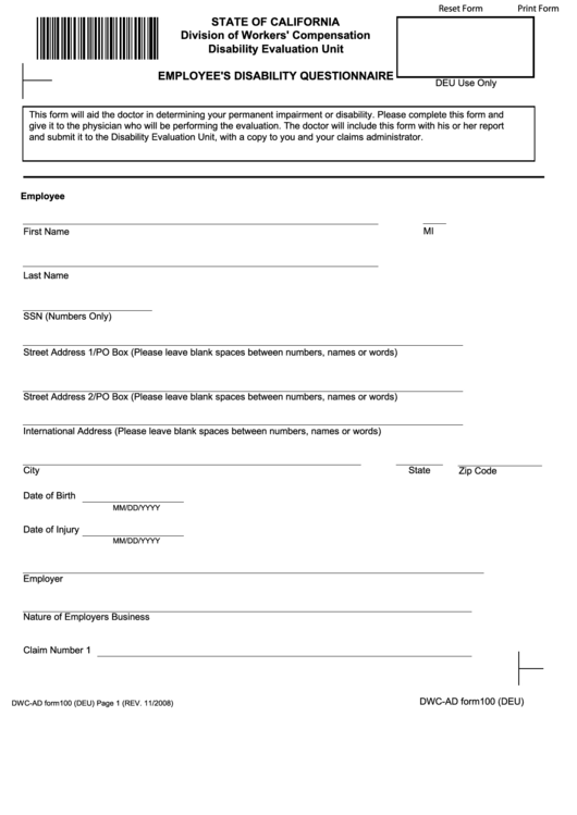 Fillable Employee'S Disability Questionnaire printable pdf download