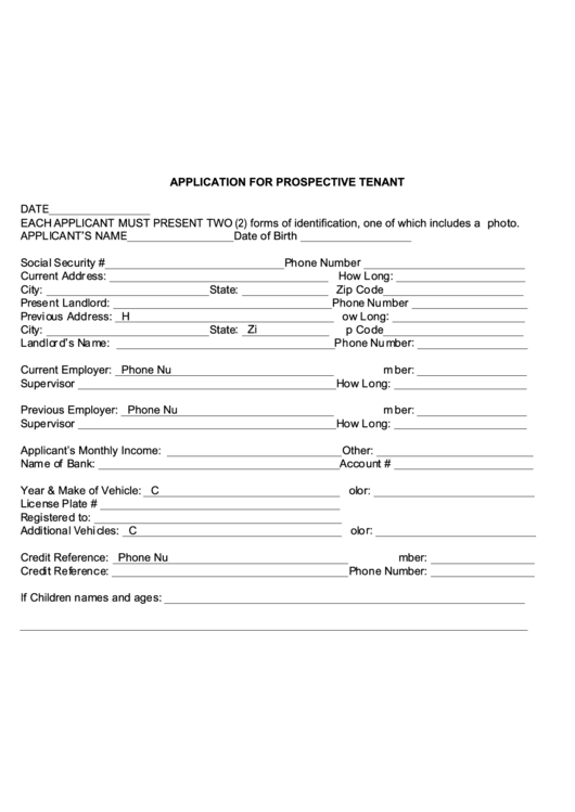 Fillable Application For Prospective Tenant printable pdf download