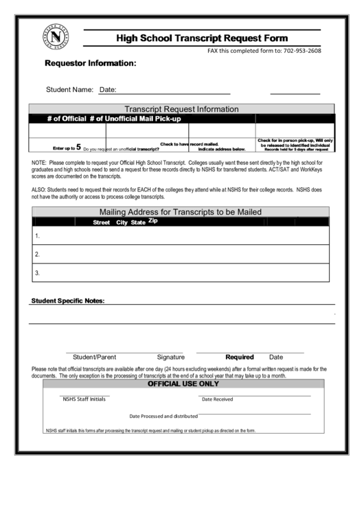 High School Transcript Request Form Printable Pdf Download