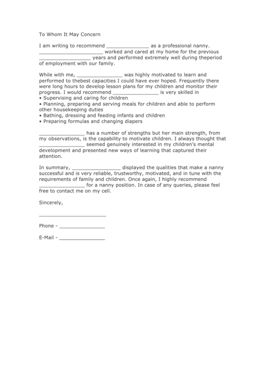Fillable Nanny Letter Of Recommendation Template Printable Pdf Download