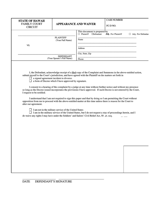 Fillable Appearance And Waiver printable pdf download