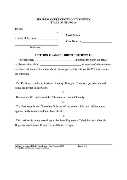 Fillable State Of Georgia Petition To Amend Birth Certificate Printable