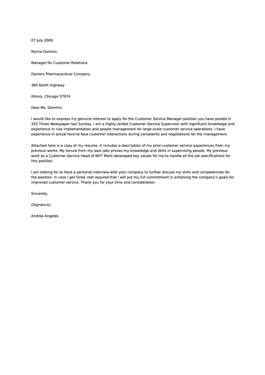 Customer Relations Manager Cover Letter Sample Printable Pdf Download