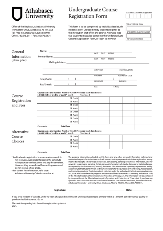 Undergraduate Course Registration Form printable pdf download