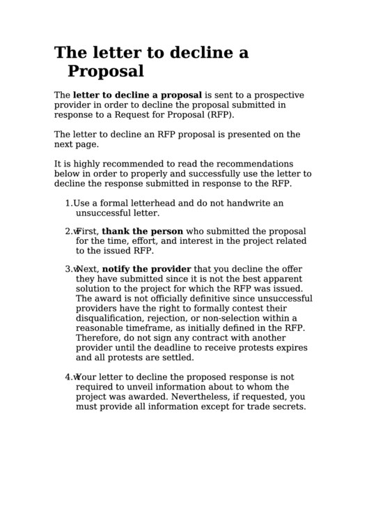The Letter To Decline A Proposal printable pdf download