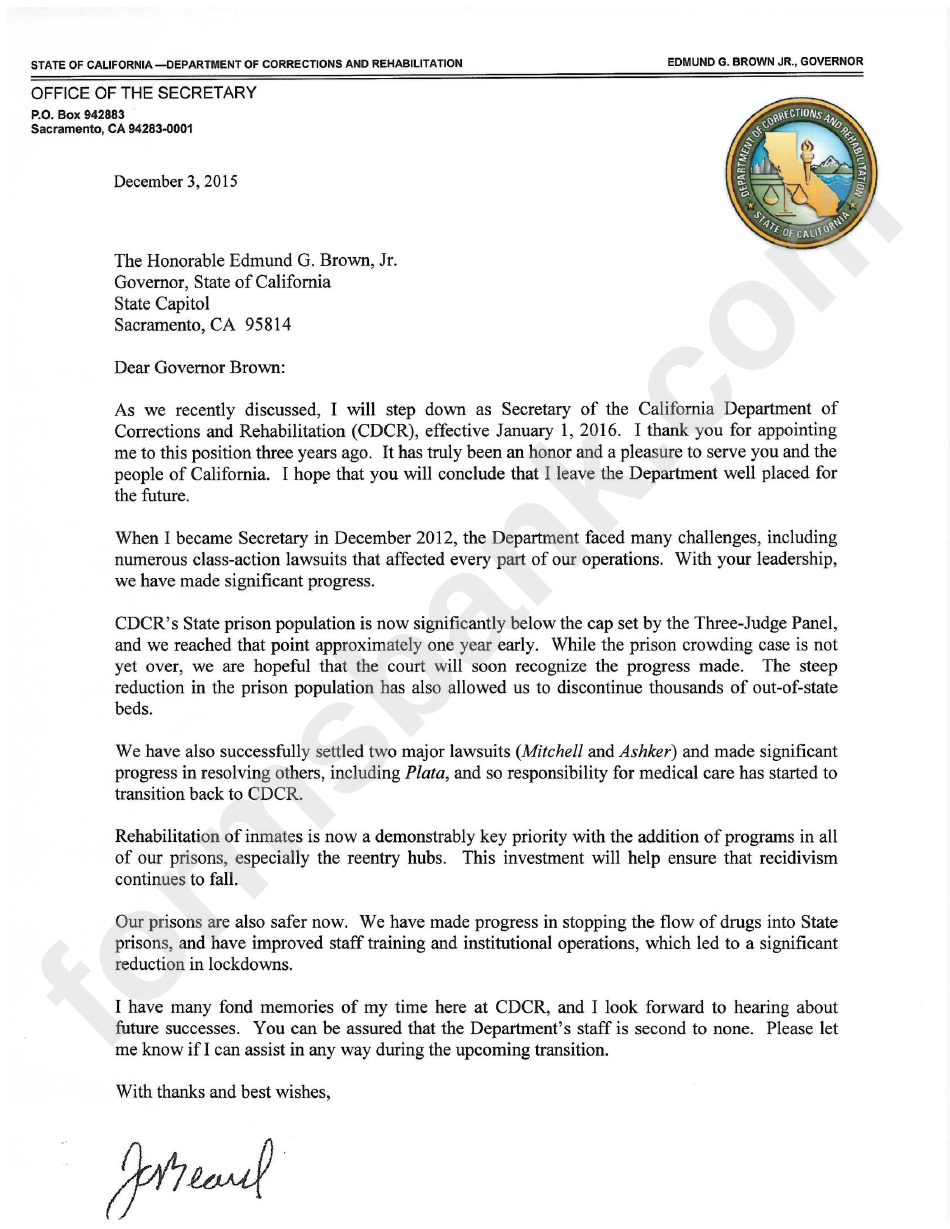 Secretary Of State Resignation Letter Sample Printable Pdf Download