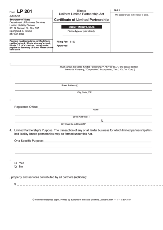 Fillable Certificate Of Limited Partnership printable pdf download