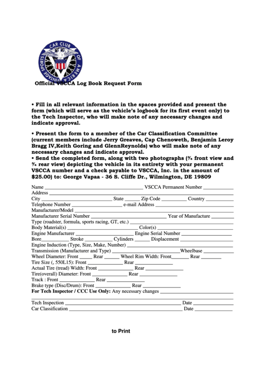 Fillable Official Vscca Log Book Request Form printable pdf download