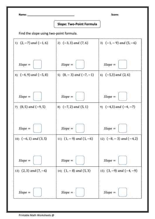 Slope Two Point Formula Worksheet Printable Pdf Download