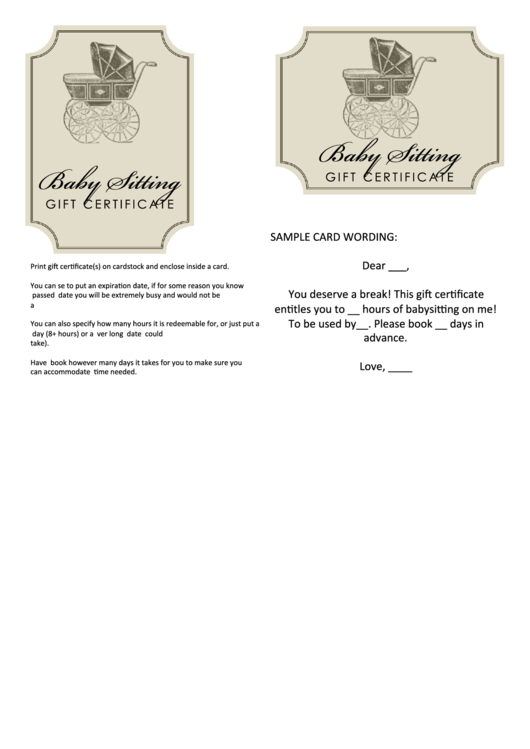 Babysitting Gift Certificate Template Printable Pdf Download