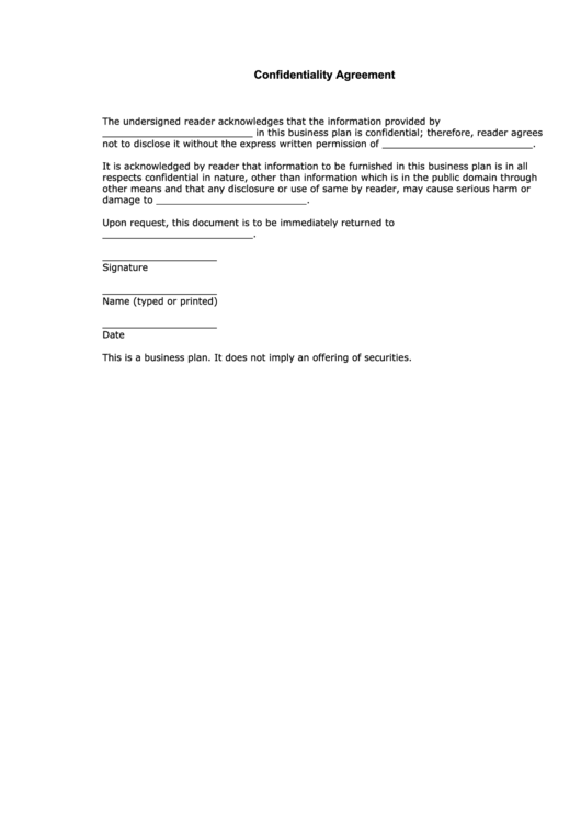 Fillable Confidentiality Agreement printable pdf download