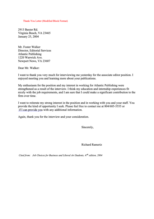 Thank You Letter Modified Block Format printable pdf download