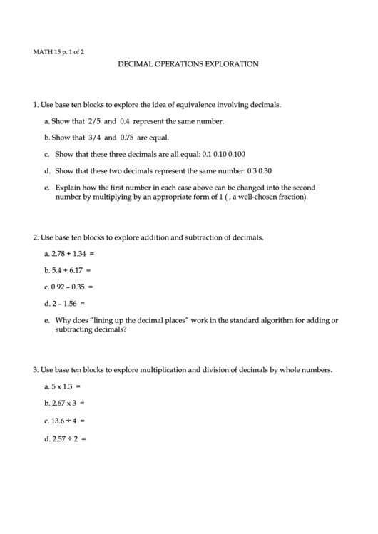 Decimal Operations Exploration Worksheet printable pdf download