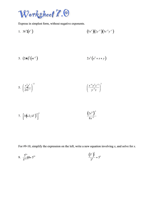 Negative Exponents Worksheet printable pdf download