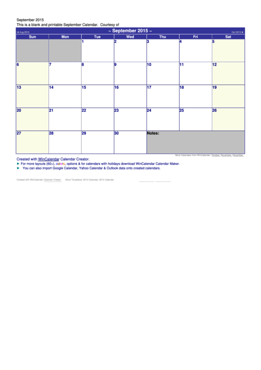 September 2015 Calendar Template printable pdf download