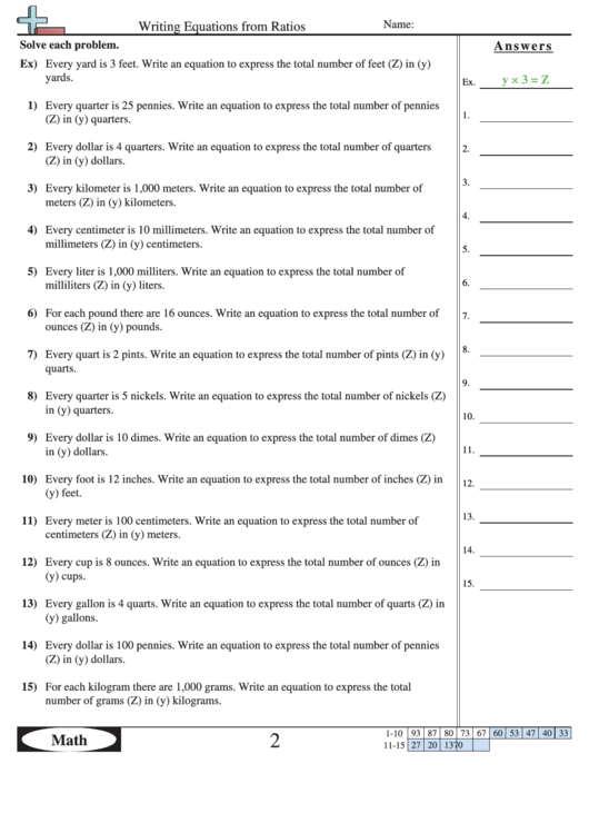 Writing Equations From Ratios Math Worksheet With Answer Key Printable 