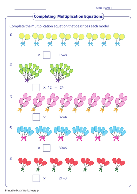 Completing Multiplication Equations printable pdf download