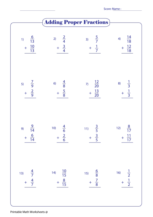 Adding Proper Fractions 23 printable pdf download