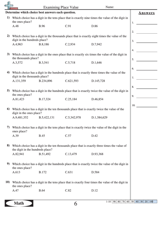 Examining Place Value Worksheet With Answer Key printable pdf download