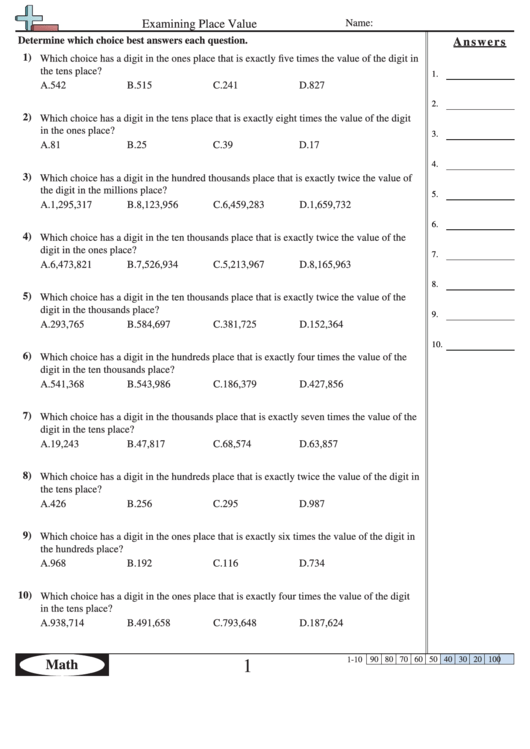 Examining Place Value Worksheet With Answer Key printable pdf download