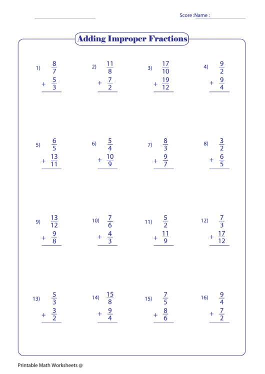 Adding Improper Fractions printable pdf download