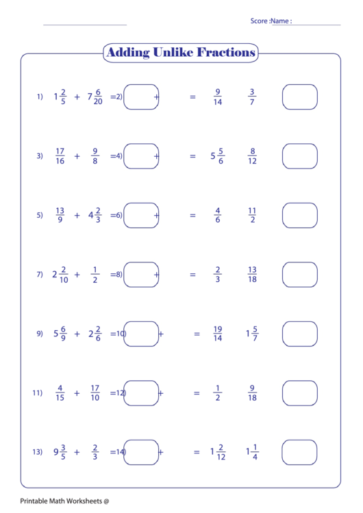 Adding Unlike Fractions printable pdf download