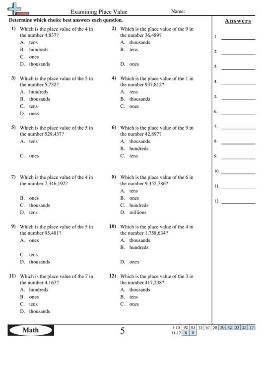 Examining Place Value Worksheet With Answer Key printable pdf download
