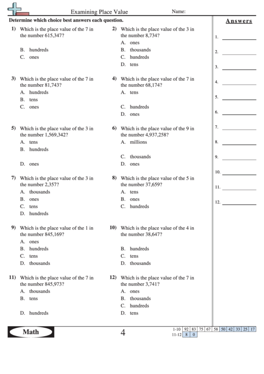 Examining Place Value Worksheet With Answer Key printable pdf download