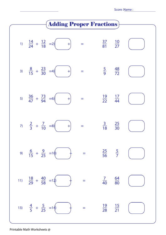 Adding Proper Fractions 27 printable pdf download