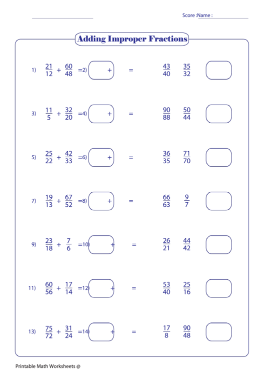 Adding Improper Fractions printable pdf download