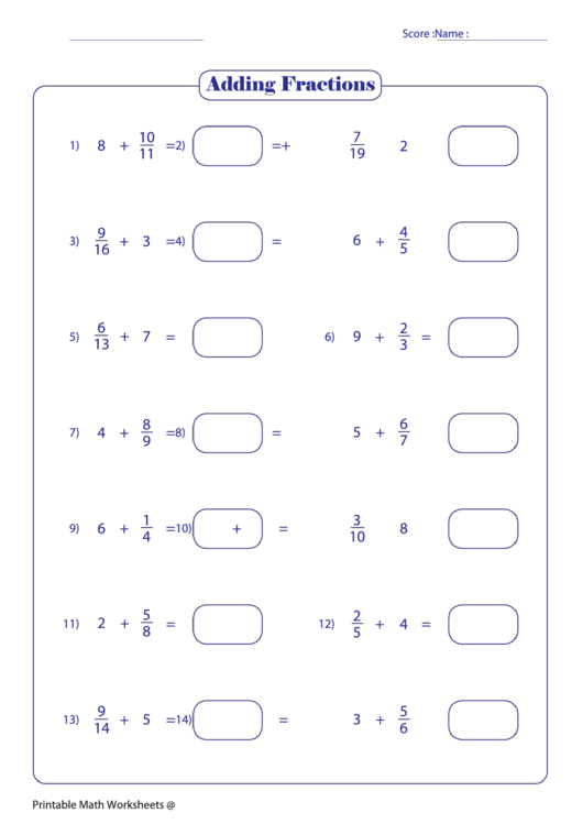 Adding Fractions printable pdf download