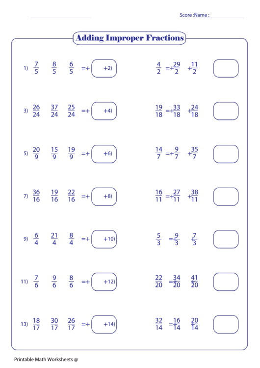 Adding Improper Fractions printable pdf download