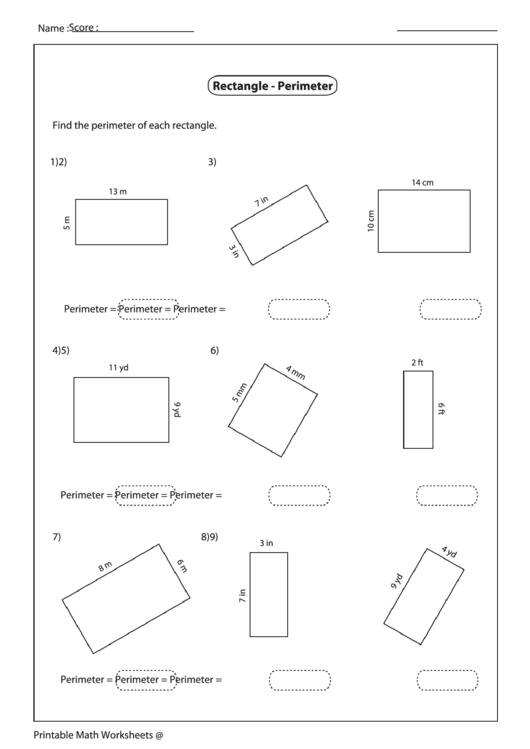 Rectangle Perimeter Worksheet printable pdf download