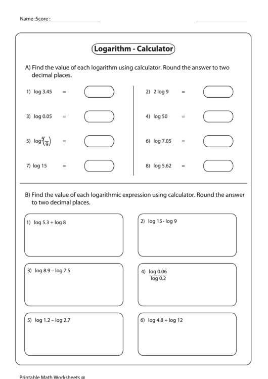 Logarithm Calculator Worksheet printable pdf download