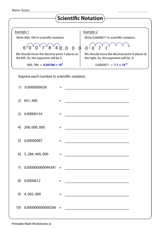 Writing Numbers In Scientific Notation Worksheet
