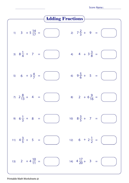 Adding Fractions printable pdf download
