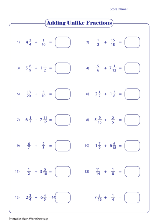 Adding Unlike Fractions printable pdf download