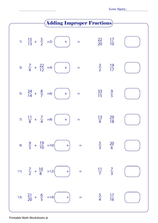 Adding Improper Fractions printable pdf download