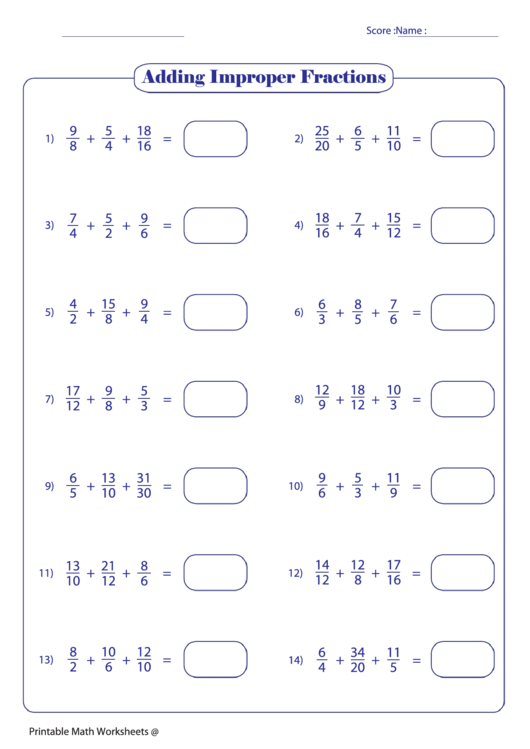 Adding Improper Fractions printable pdf download