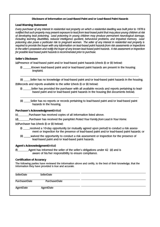 Disclosure Of Information On Lead-Based Paint And/or Lead-Based Paint ...