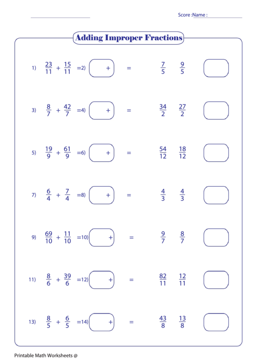 Adding Improper Fractions printable pdf download