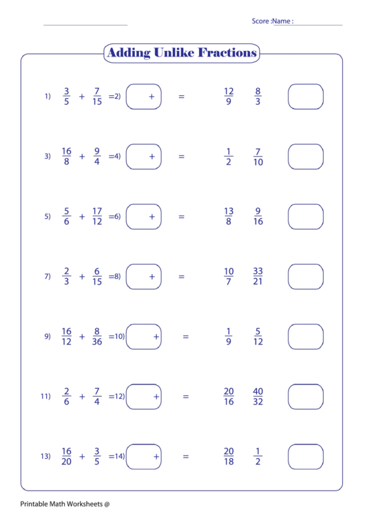 Adding Unlike Fractions printable pdf download