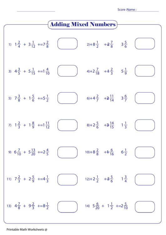 Adding Mixed Numbers printable pdf download