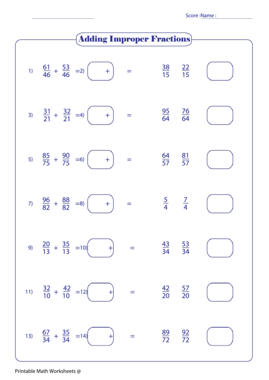 Adding Improper Fractions printable pdf download