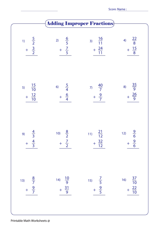 Adding Improper Fractions printable pdf download
