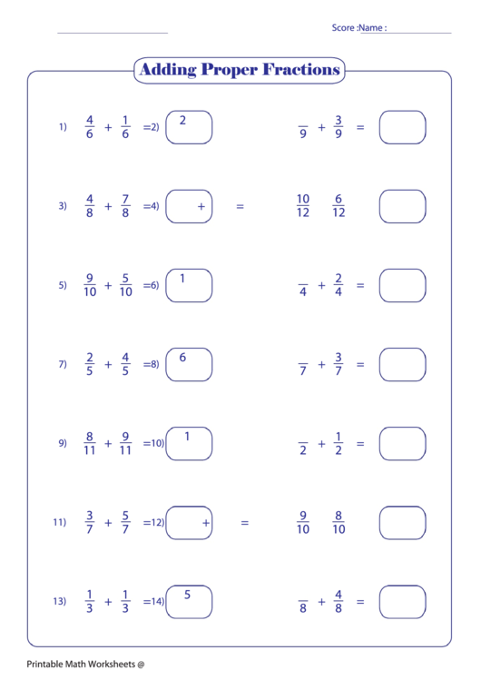Adding Proper Fractions printable pdf download