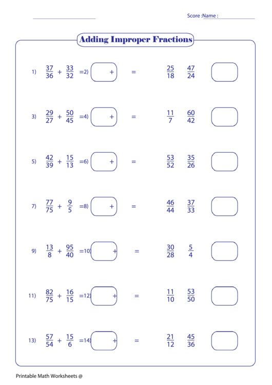 Adding Improper Fractions printable pdf download