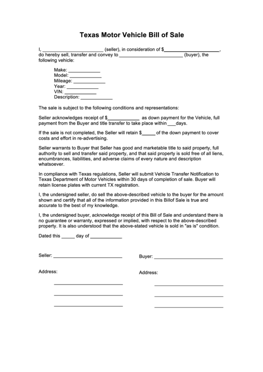 Texas Motor Vehicle Bill Of Sale Template