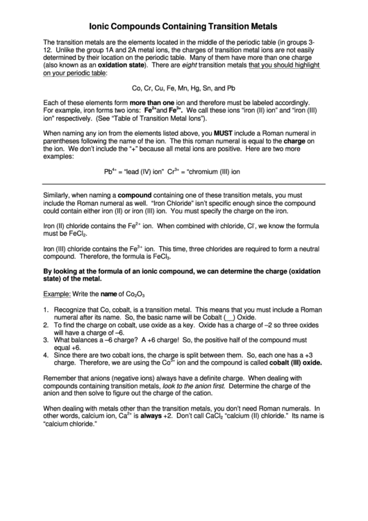 Ionic Compounds Containing Transition Metals Printable Pdf Download