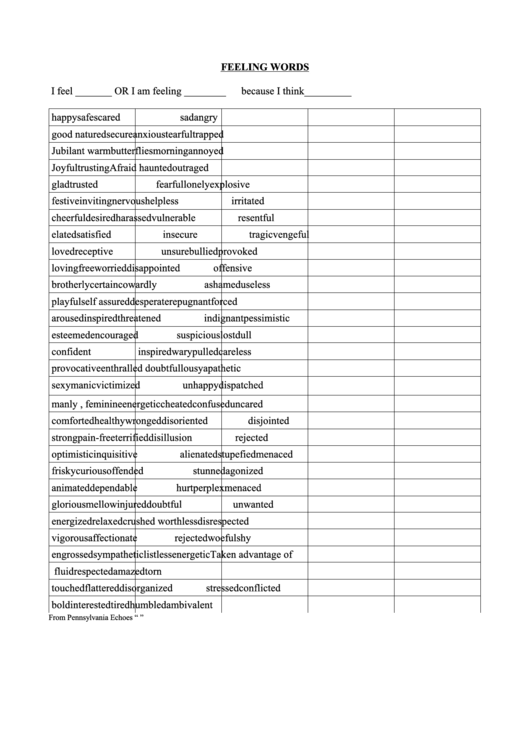 Feeling Words List printable pdf download